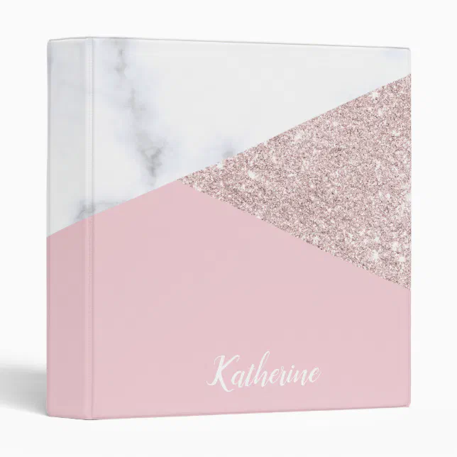 Elegant girly rose gold glitter white marble pink 3 ring binder | Zazzle