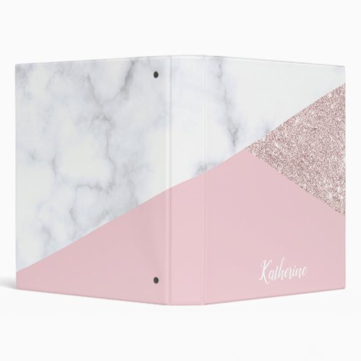 Elegant girly rose gold glitter white marble pink 3 ring binder | Zazzle