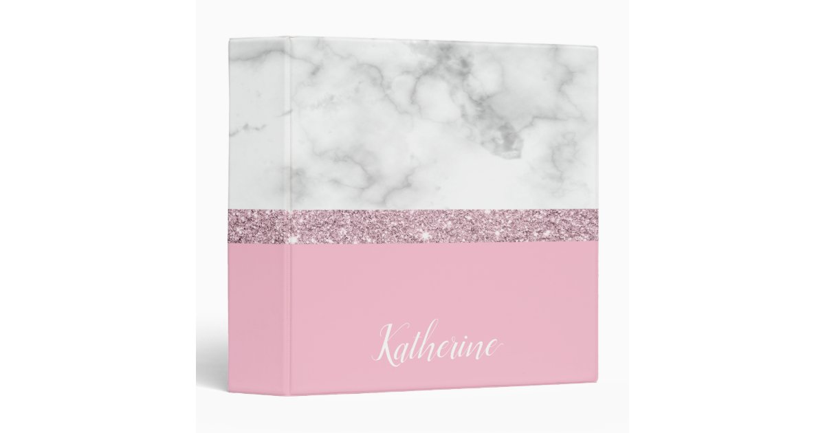 Elegant girly rose gold glitter white marble pink 3 ring binder | Zazzle