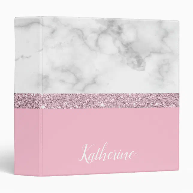 Elegant girly rose gold glitter white marble pink 3 ring binder | Zazzle
