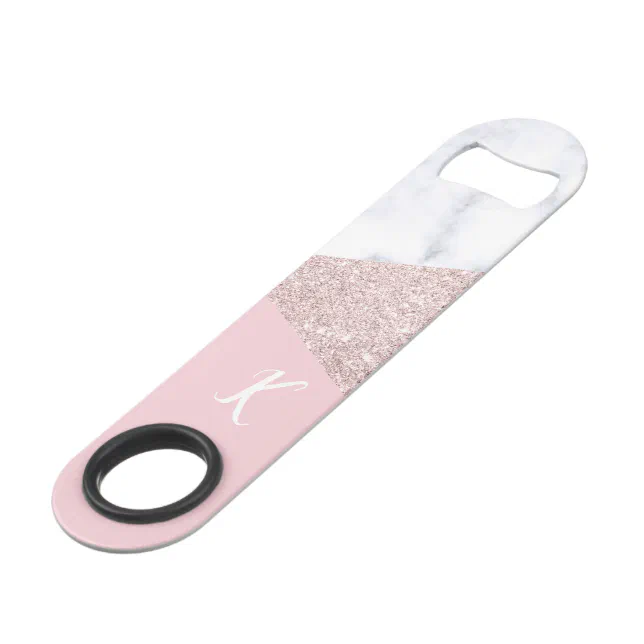 Elegant girly rose gold glitter white marble pink bar key | Zazzle