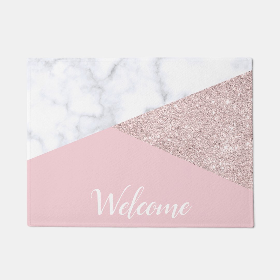 Elegant girly rose gold glitter white marble pink doormat | Zazzle
