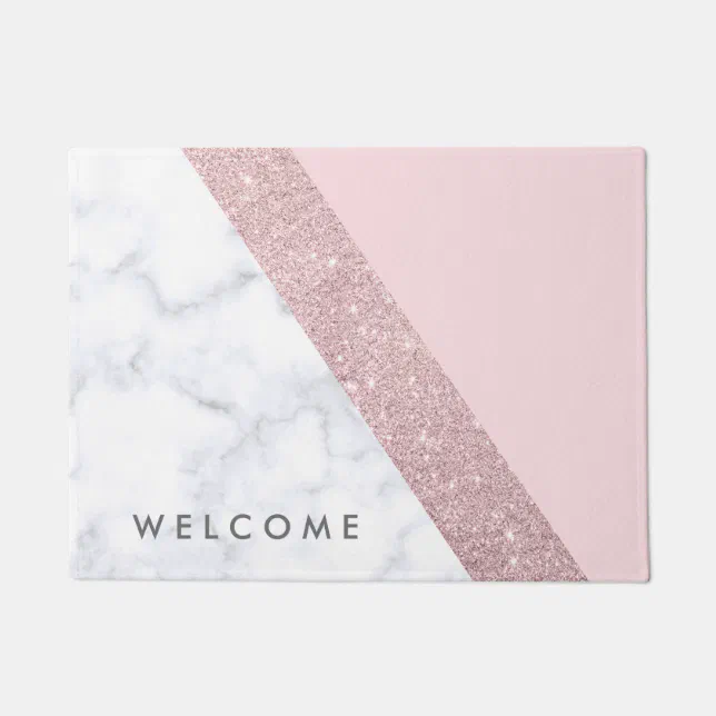 elegant girly rose gold glitter white marble pink doormat | Zazzle
