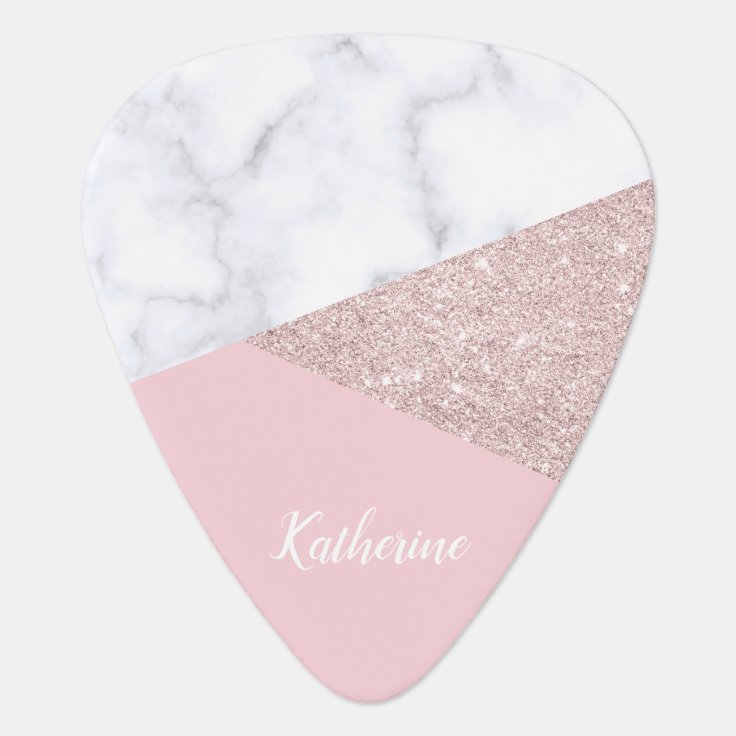 Elegant girly rose gold glitter white marble pink guitar pick | Zazzle