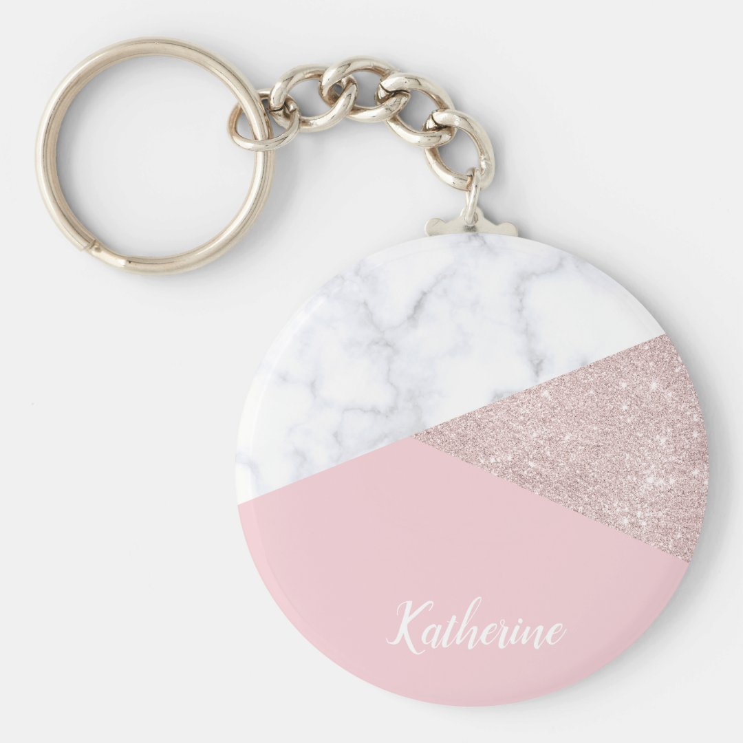 Elegant girly rose gold glitter white marble pink keychain | Zazzle