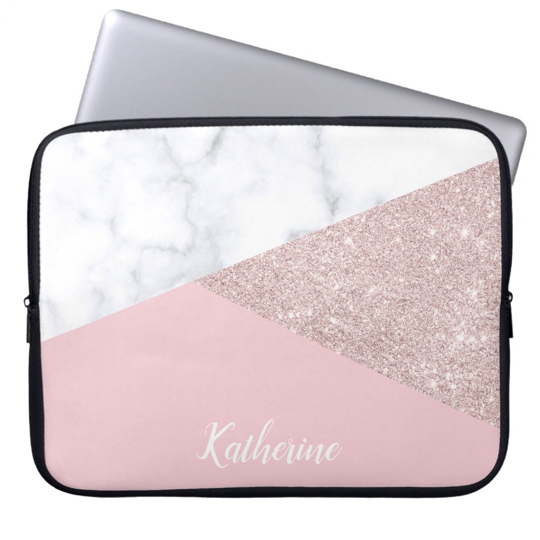 Elegant girly rose gold glitter white marble pink laptop sleeve | Zazzle