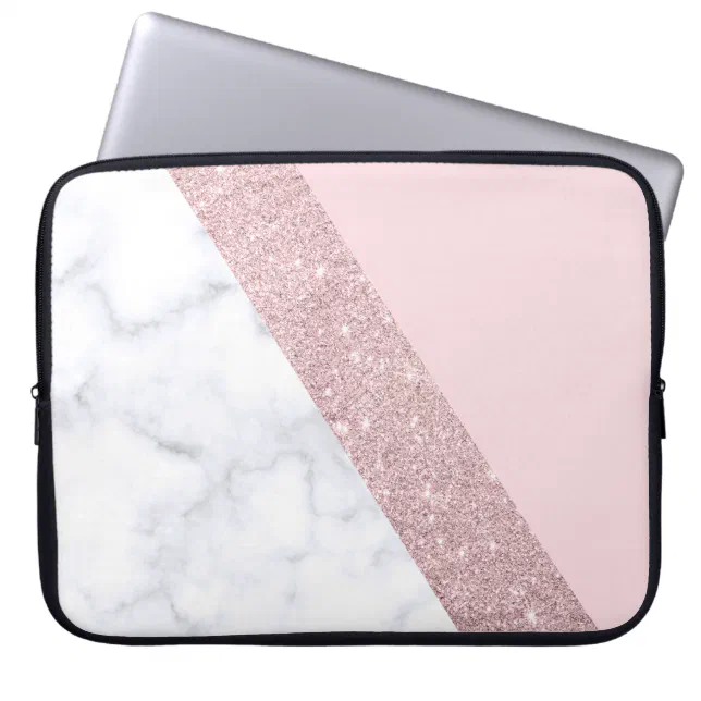 elegant girly rose gold glitter white marble pink laptop sleeve | Zazzle