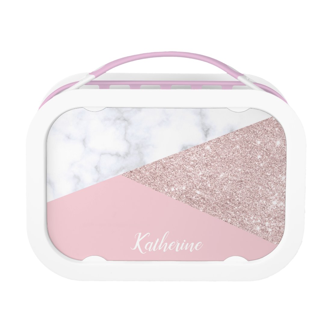Elegant girly rose gold glitter white marble pink lunch box | Zazzle