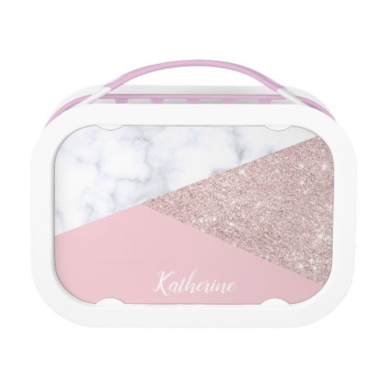 Elegant girly rose gold glitter white marble pink lunch box | Zazzle