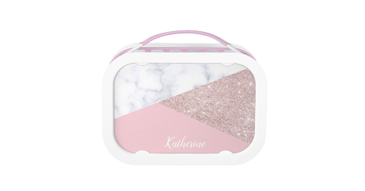 Elegant girly rose gold glitter white marble pink lunch box | Zazzle