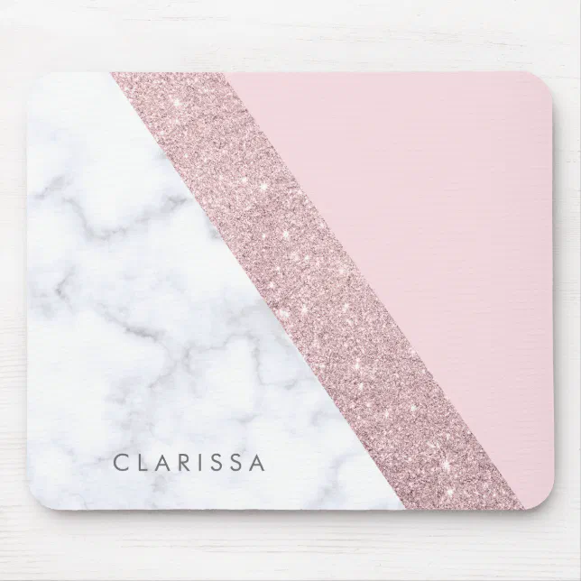 elegant girly rose gold glitter white marble pink mouse pad | Zazzle