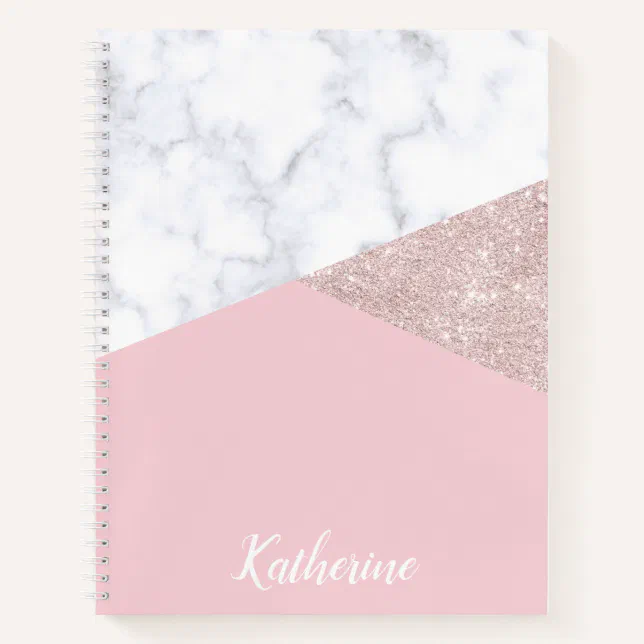 Elegant girly rose gold glitter white marble pink notebook | Zazzle