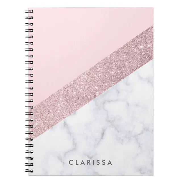 elegant girly rose gold glitter white marble pink notebook | Zazzle