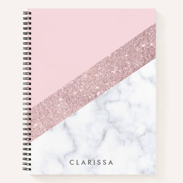 elegant girly rose gold glitter white marble pink notebook | Zazzle
