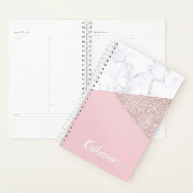 Elegant girly rose gold glitter white marble pink planner | Zazzle