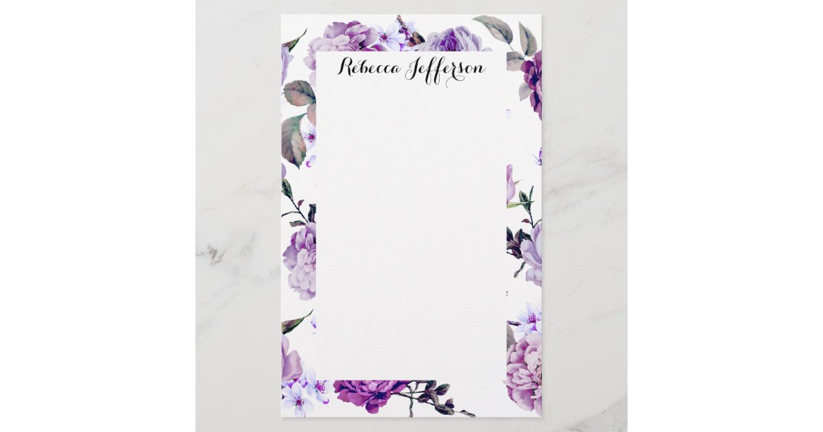 Elegant Girly Violet Lilac Purple Flowers Stationery | Zazzle