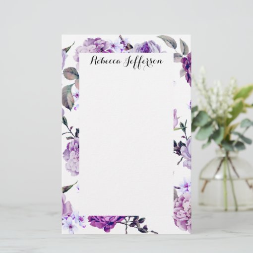 Elegant Girly Violet Lilac Purple Flowers Stationery | Zazzle