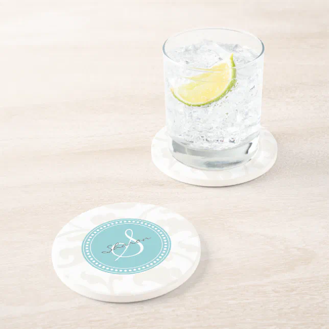 Elegant girly white floral pattern monogram drink coaster | Zazzle