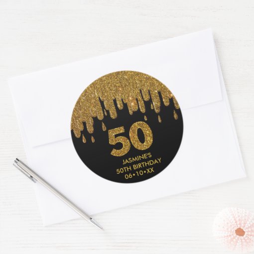 Elegant Glam 50th Birthday Gold Glitter Classic Round Sticker | Zazzle