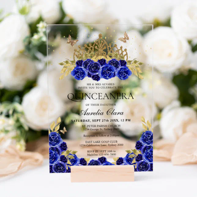 Elegant Glam Blue Floral Gold Tiara Quinceanera Acrylic Invitations ...