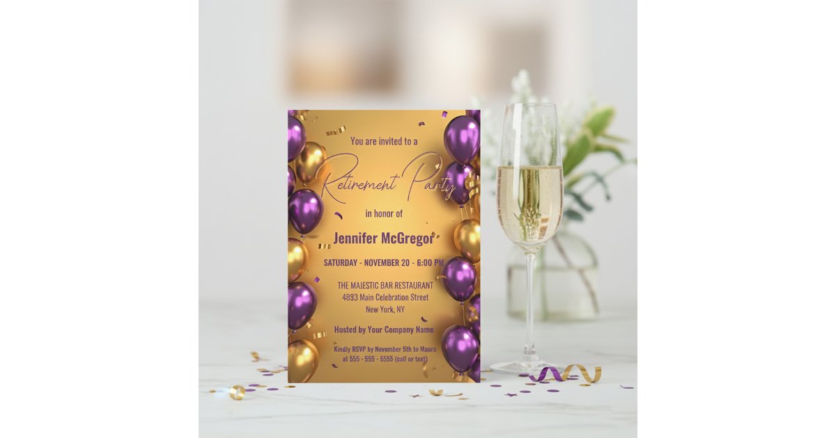 Elegant Glam Purple Gold Balloons Retirement Party Invitation | Zazzle