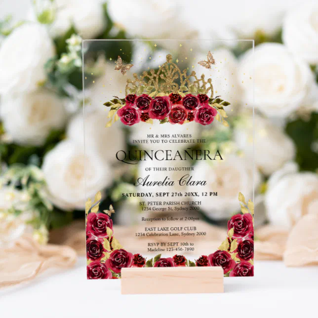 Elegant Glam Red Floral Gold Tiara Quinceanera Acrylic Invitations | Zazzle