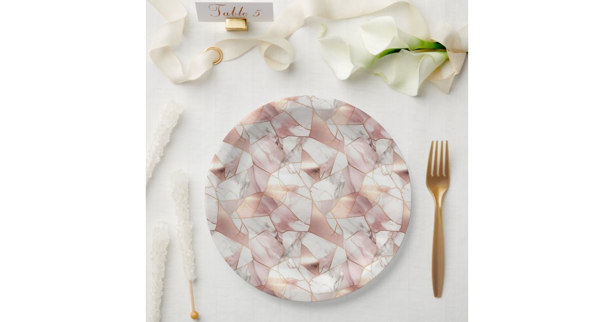 Elegant Glam Rose Gold Agate Marble Pattern Paper Plates | Zazzle
