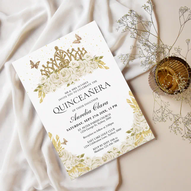 Elegant Glam White Floral Gold Tiara Quinceanera Invitation | Zazzle