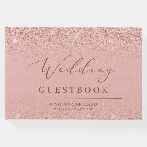 Elegant glamour rose gold glitter sparkles wedding guest book | Zazzle