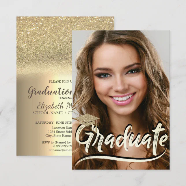 Elegant Glitter Cap,Photo Graduation Party Invitation | Zazzle