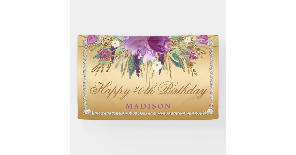Elegant Glitter Flowers Diamonds Gold Birthday Banner | Zazzle