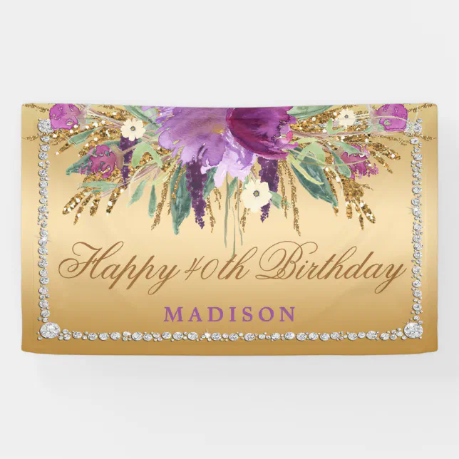 Elegant Glitter Flowers Diamonds Gold Birthday Banner | Zazzle