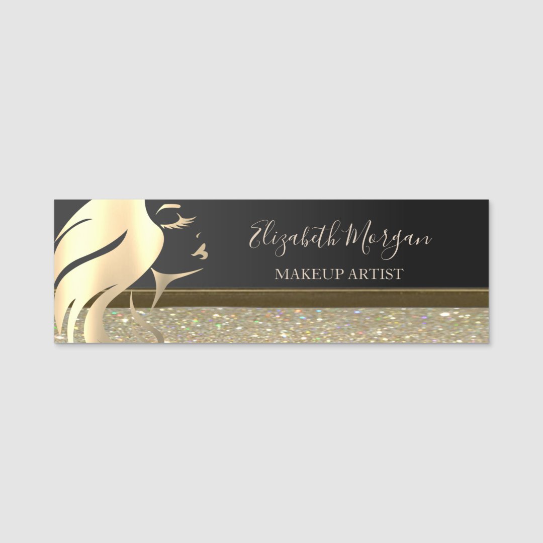 Elegant Glitter,Girl Face Silhouette,Makeup artist Name Tag | Zazzle