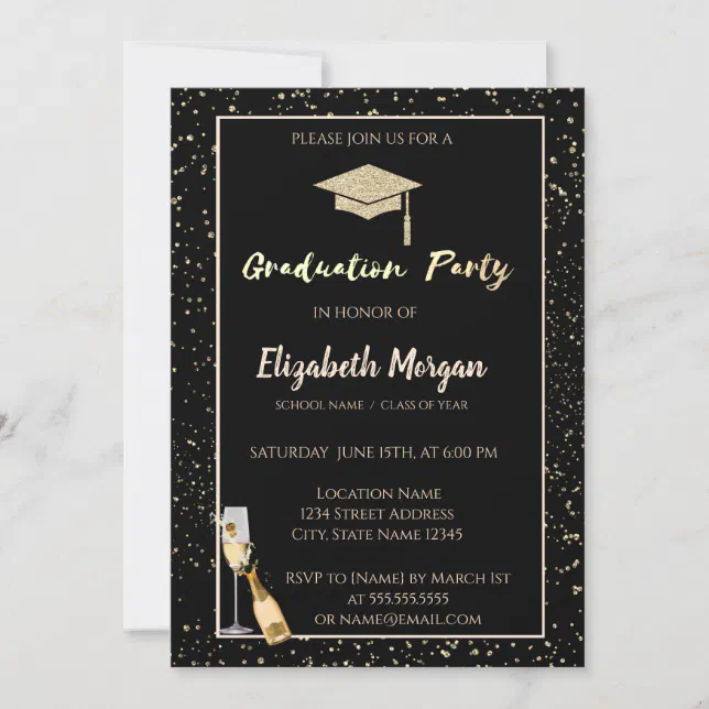 Elegant Glitter Graduation Cap,Confetti,Wine,Glass Invitation | Zazzle
