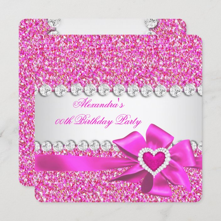 Elegant Glitter Hot Pink Heart Bow Birthday Party Invitation | Zazzle.com