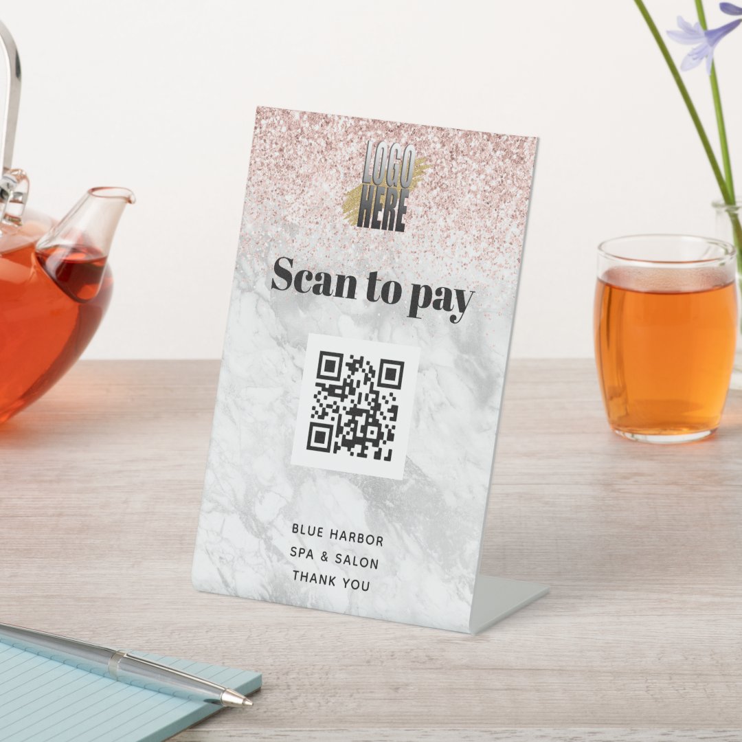 Elegant Glitter Marble Scan to Pay QR Code Pedestal Sign | Zazzle