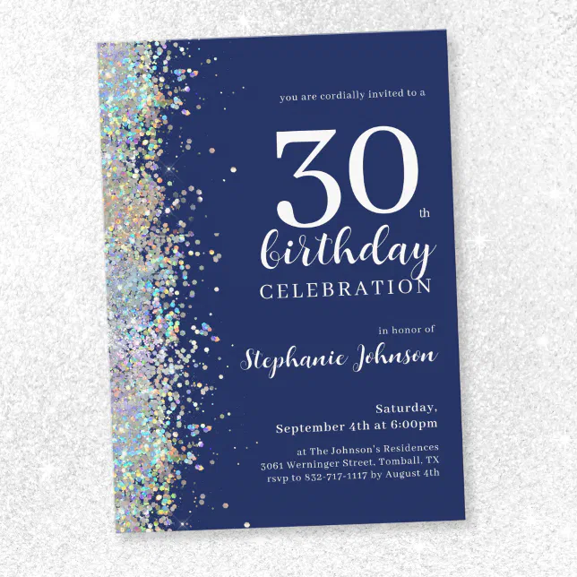 Elegant Glitter Navy Blue 30th Birthday Invitation | Zazzle