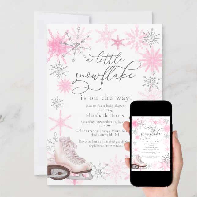 Elegant Glitter Pink Little Snowflake Baby Shower Invitation | Zazzle