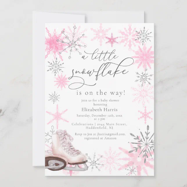 Elegant Glitter Pink Little Snowflake Baby Shower Invitation | Zazzle