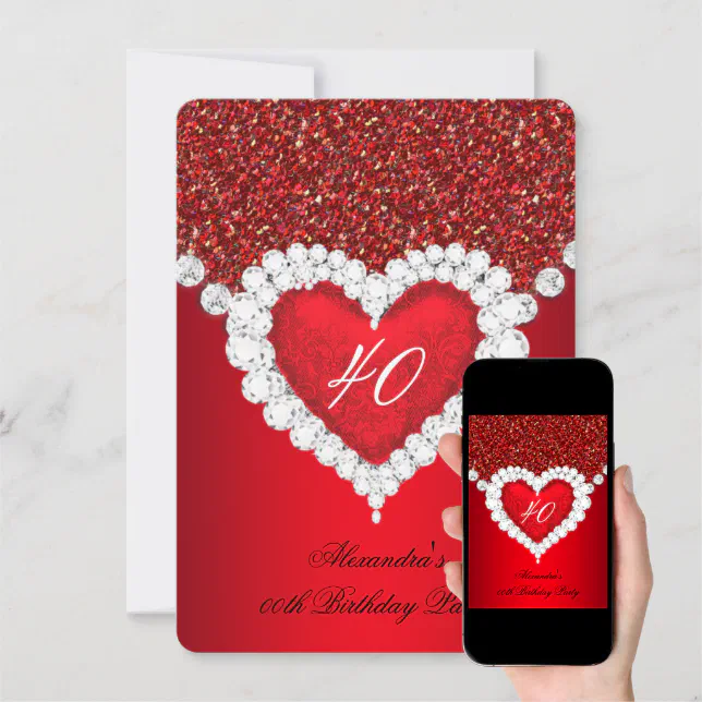 Elegant Glitter Red Diamond Heart Birthday Invitation | Zazzle