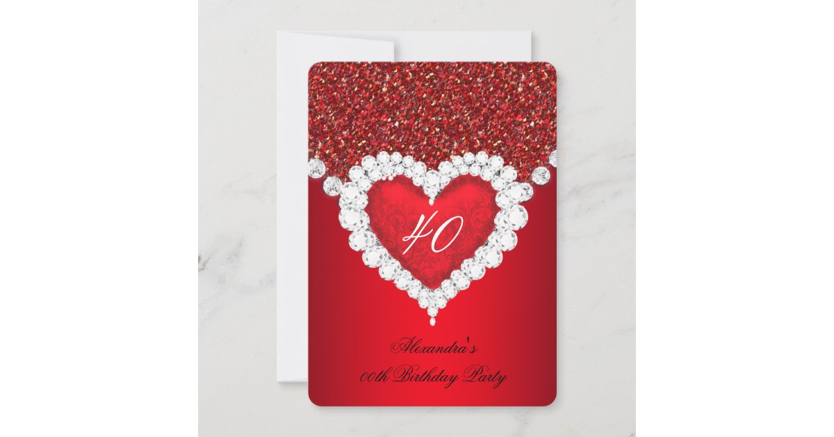 Elegant Glitter Red Diamond Heart Birthday Invitation | Zazzle