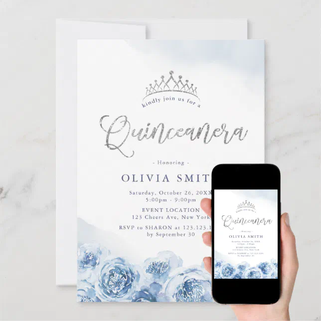 Elegant glitter script blue floral Quinceanera Invitation | Zazzle
