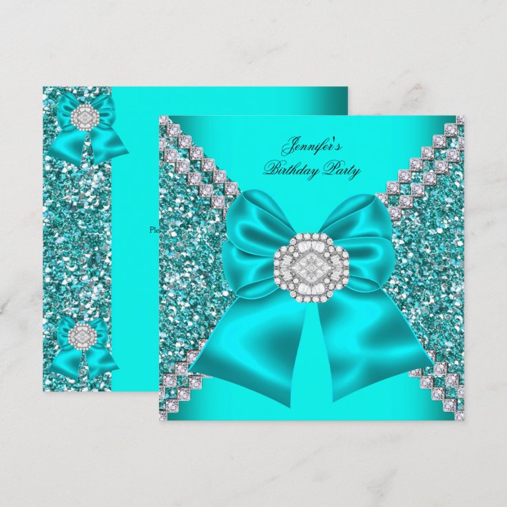 Elegant Glitter Teal Blue Diamonds Birthday Party Invitation | Zazzle