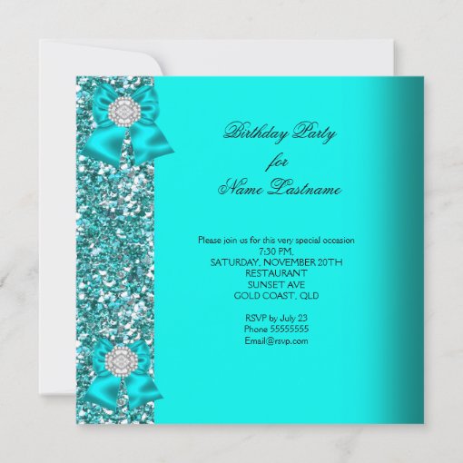 Elegant Glitter Teal Blue Diamonds Birthday Party Invitation | Zazzle