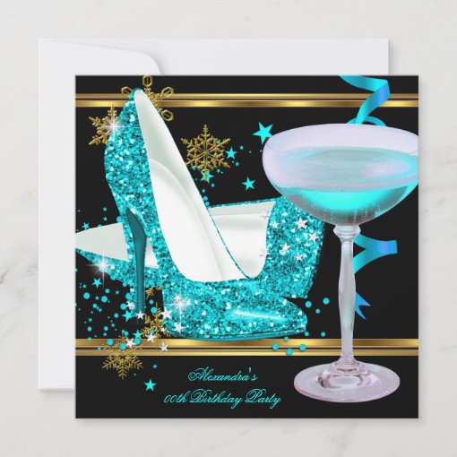Elegant Glitter Teal Gold Champagne High Heel Invitation | Zazzle