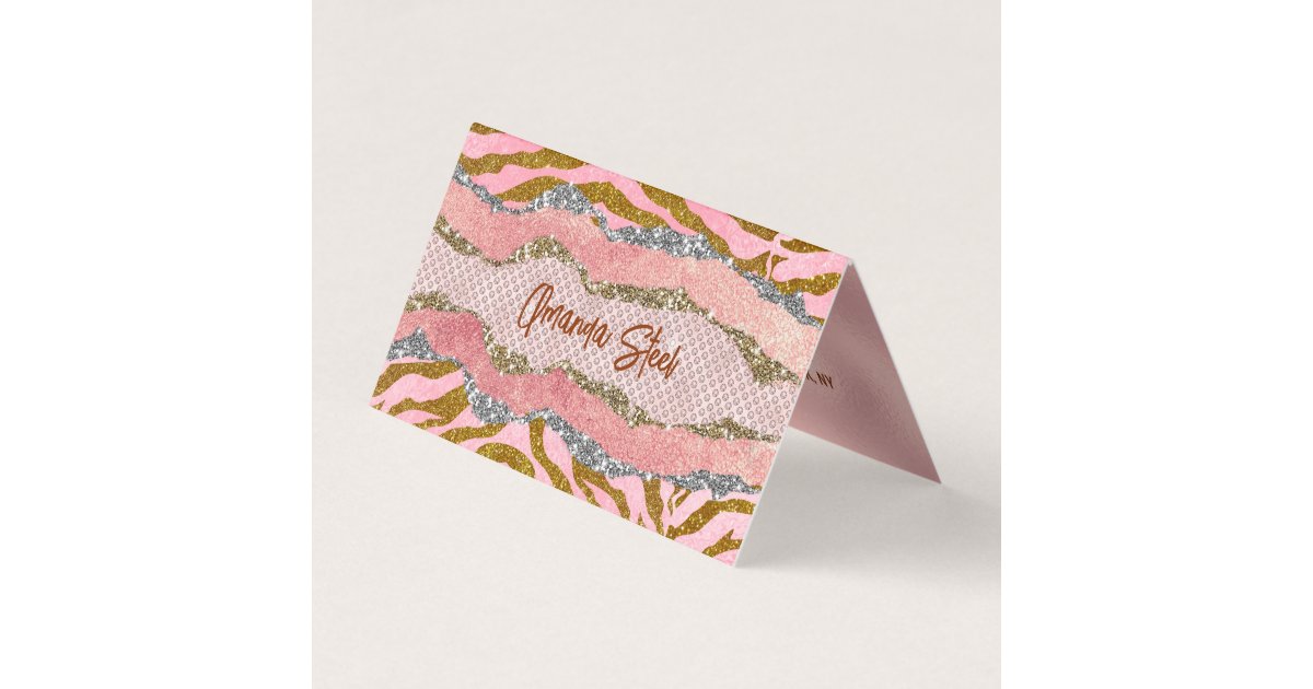 Elegant glittery blush rose animal print monogram business card | Zazzle
