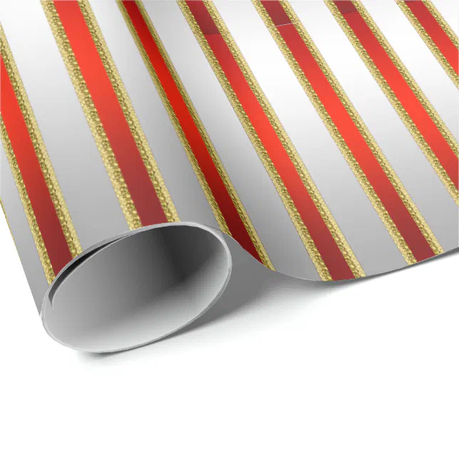 Elegant Glitzy Shiny Silver and Red Stripes Wrapping Paper | Zazzle