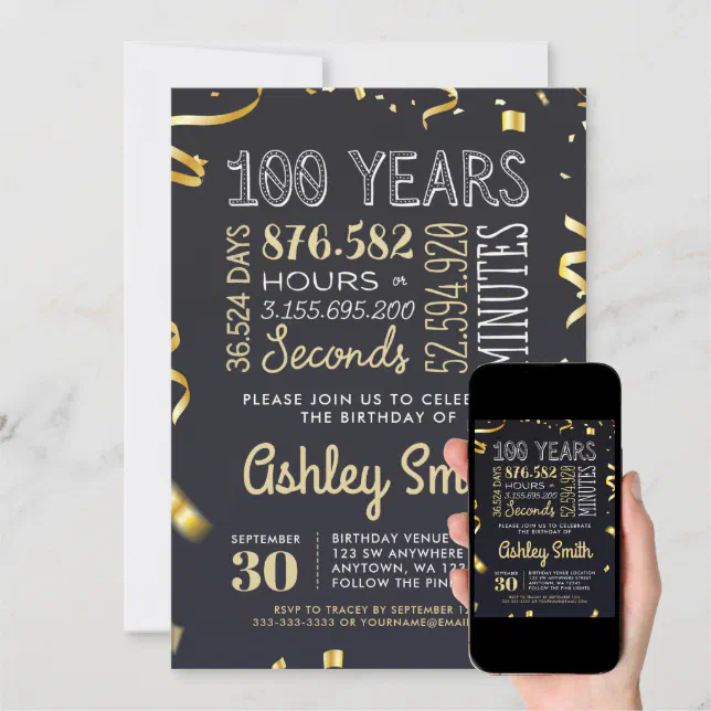 Elegant Gold 100th Birthday Invitation - 100 Years | Zazzle