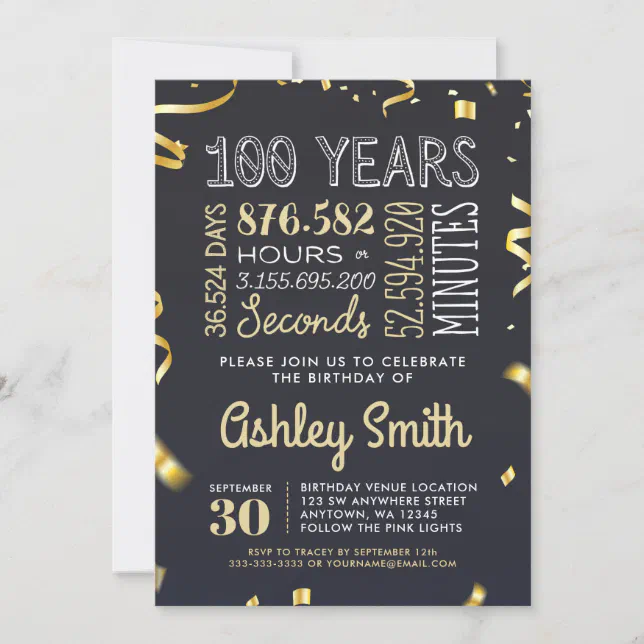 Elegant Gold 100th Birthday Invitation - 100 Years | Zazzle