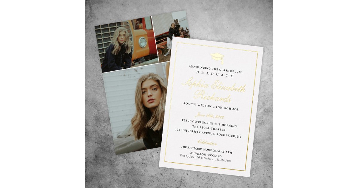 Elegant Gold 3 Photo Graduation Foil Invitation | Zazzle